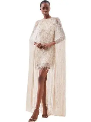 Karen Millen Embellished Fringe Cape Mini Dress - Silver