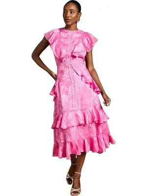 Coast Satin Ruffle Jacquard Midi Dress - Pink