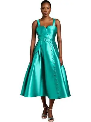 Coast Button-trim Belted Full Skirt Midi Dress - Teal