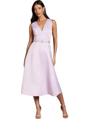 Coast V-neck Satin Midi Dress With Belt - Lilac