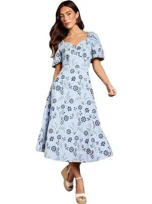 Coast Puff Sleeve Embroidered Midi Dress - Blue
