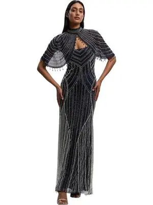 Karen Millen Embellished Crystal Cape Maxi Dress - Navy