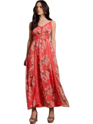 OASIS Lace Panelled Waist Pleated Maxi Dress - Orange