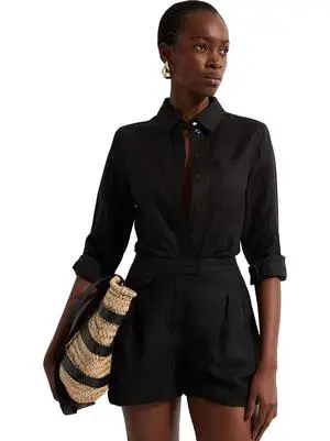 Karen Millen Linen Blend Long Sleeve Shirt - Black