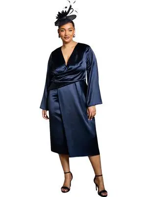 Coast Satin Wrap Midi Dress With Flared Sleeves - Navy