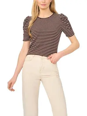 Halogen Puff Sleeve Striped Ribbed Crewneck Tee - Chicory Coffee