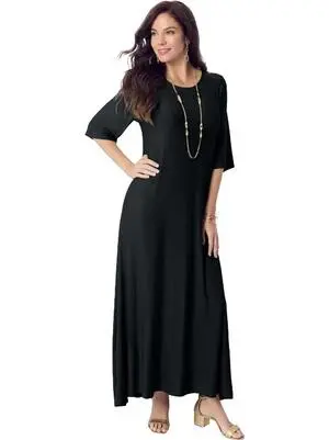 Roaman's Stretch Knit High-low Short Sleeve Maxi Dress - Black
