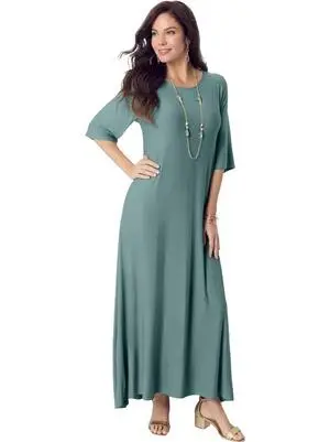 Roaman's Stretch Knit High-low Short Sleeve Maxi Dress - Cool Sage