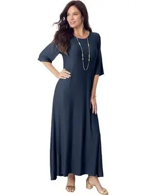 Roaman's Stretch Knit High-low Short Sleeve Maxi Dress - Navy