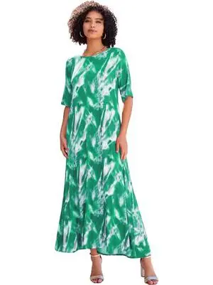 Roaman's Stretch Knit High-low Short Sleeve Maxi Dress - Tropical Emerald