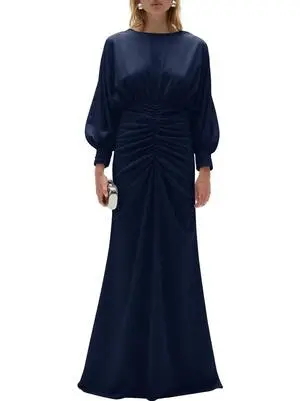 Amsale Pebble Crepe Gathered Gown - Navy