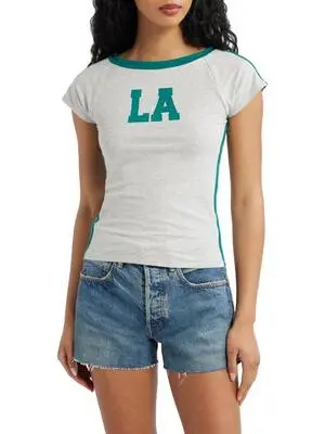 VINYL ICONS Off-the-shoulder Graphic Ringer T-shirt - Heather Grey