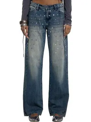 JADED LONDON Hunter Mirror Embellished Low Rise Wide Leg Jeans - Blue