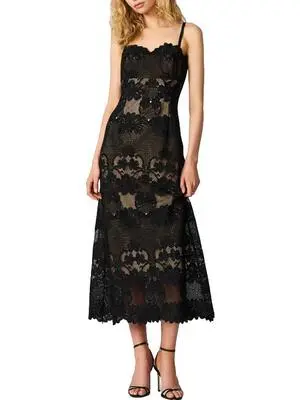 Steve Madden Steve Madden Willow Scalloped Floral Lace Midi Dress Black