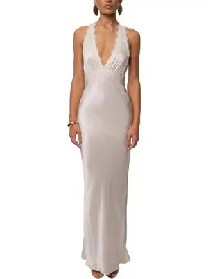 JLUXLABEL Halterneck Lace-trimmed Satin Maxi Dress - Ivory