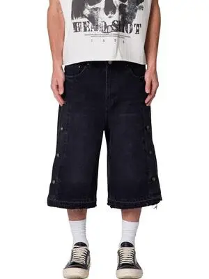 Mnml Ultra Baggy Offset Button Denim Shorts - Black