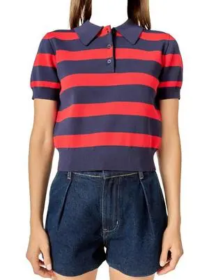 English Factory Striped Knit Polo Top - Navy/red