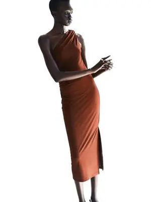 H&M One-shoulder Draped Midi Dress - Rust Brown