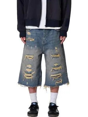 Mnml Ultra Baggy Repaired Jeans Shorts - Blue