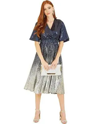 YUMI Ombre Sequin V-neck Midi Dress - Navy