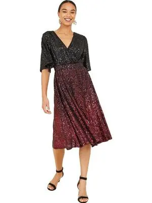 YUMI Ombre Sequin V-neck Midi Dress - Red