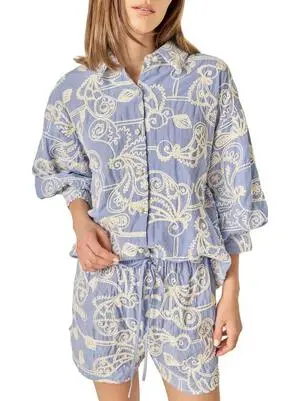 English Factory Embroidered Volume Sleeve Shirt - Blue/cream