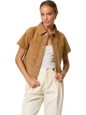 Central Park West Short Sleeve Suede Utility Jacket - Saddle