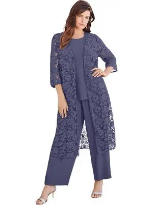 Roaman's Allover Lace Duster Pant Set Deep Dusk