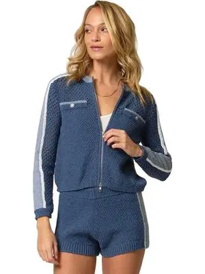 Central Park West Raya Mixed Stitch Zip Cardigen - Navy