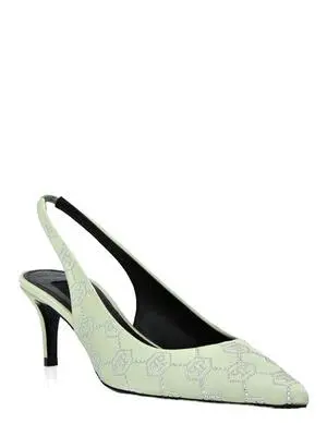 Philipp Plein Satin Slingback Shoes Low Heels Monogram Strass - Green