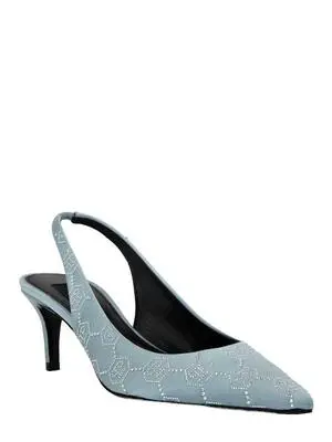 Philipp Plein Satin Slingback Shoes Low Heels Monogram Strass - Lightblue