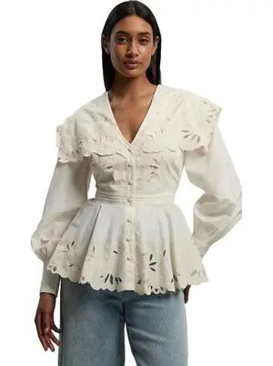 Karen Millen Cutwork Detail V-neck Peplum Blouse - Ivory