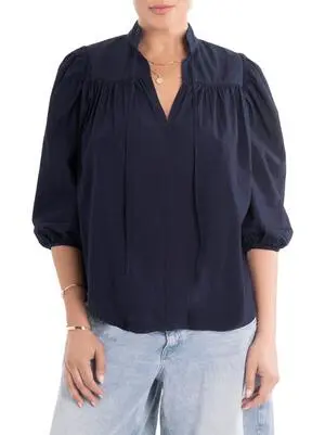 OCEAN+MAIN Cotton Tie Neck 3/4 Sleeve Top - Navy