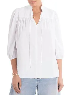 OCEAN+MAIN Cotton Tie Neck 3/4 Sleeve Top - White