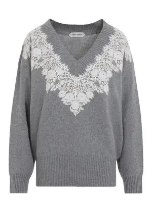 Alberta Ferretti Fine Knit V-neck Sweater With Lace Appliqu - Multicolor
