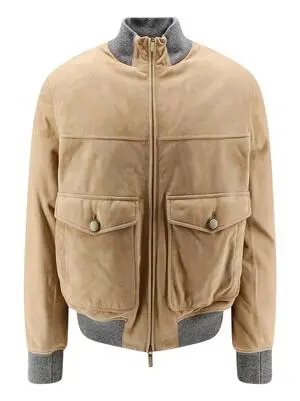 Brunello Cucinelli Padded Suede Bomber Jacket With Ribbed Cashmere Trim - Cream