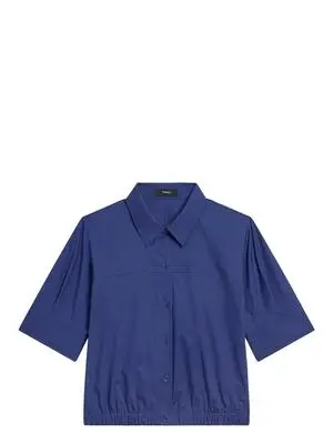 Theory Relaxed Poplin Elasticized Button-up Top - Blue