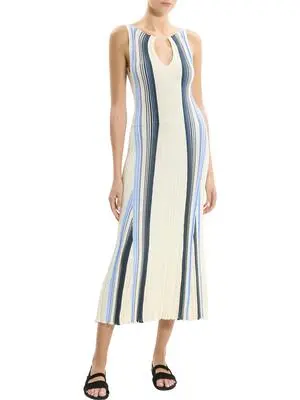 Theory Striped Rib Knit Notch Neck Dress - Multicolor