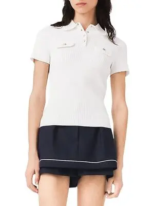 Maje Short Sleeve Ribbed Polo With Chest Pockets - Ecru