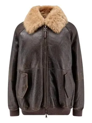 Brunello Cucinelli Leather Jacket With Shearling Collar - Multicolor