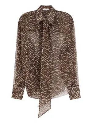 Brunello Cucinelli Sheer Silk Printed Long Sleeve Shirt With Bow Detail - Multicolor