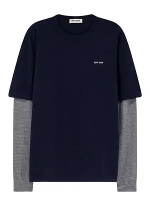 Miu Miu Blue Virgin Wool, Cashmere, And Silk Blend Crew Neck Sweater - Multicolor