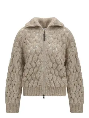 Brunello Cucinelli Mohair And Wool Blend Cardigan With Sequin Details - Beige