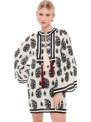 Johanna Ortiz Paisley Print Tunic Dress With Bell Sleeves - Ecru/black