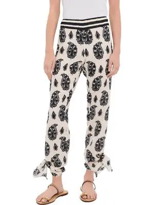 Johanna Ortiz Linen Paisley Print Wide Leg Pants With Slit Cuffs - Ecru/black