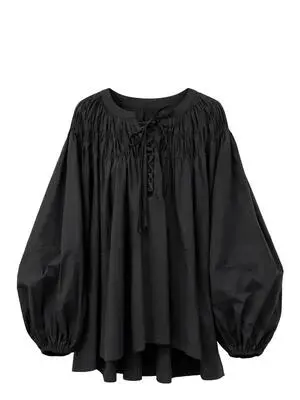 MUTE BY JL Gathered Cotton Blouse With Tie Neck - Black