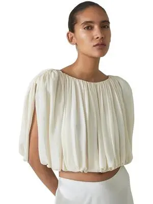 HEIRLOME Shirred Silk Draped Top With Padded Shoulders - Ivory