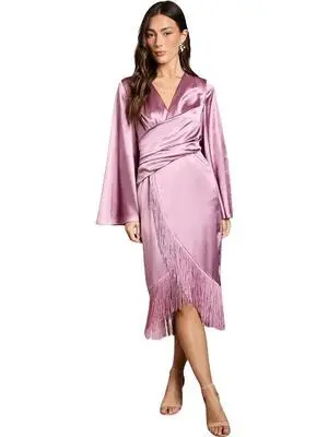Coast V-neck Fringe Wrap Midi Dress - Rose