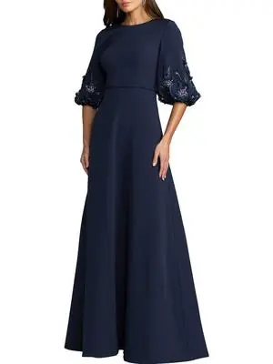 MAC DUGGAL Beaded Crepe Bishop Sleeve A Line Gown