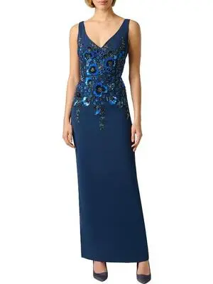 Adrianna Papell Beaded Crepe Column Gown - Light Navy